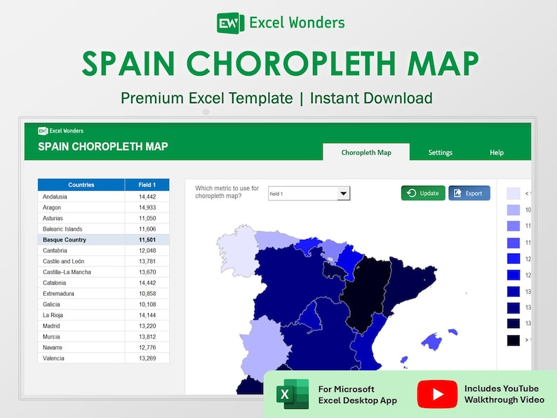 Spain Map Excel Template | Interactive Color-coded Choropleth for ...
