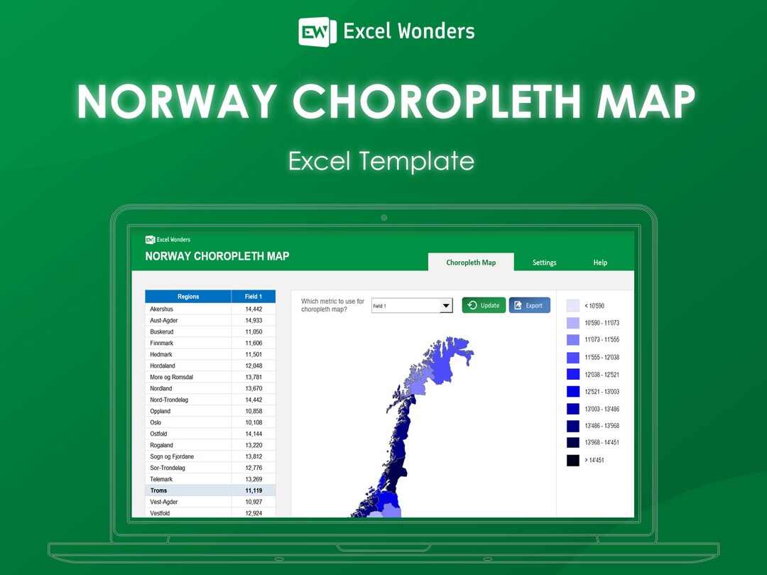 Norway Choropleth Map Excel Template | Editable, Instant Download, Data ...