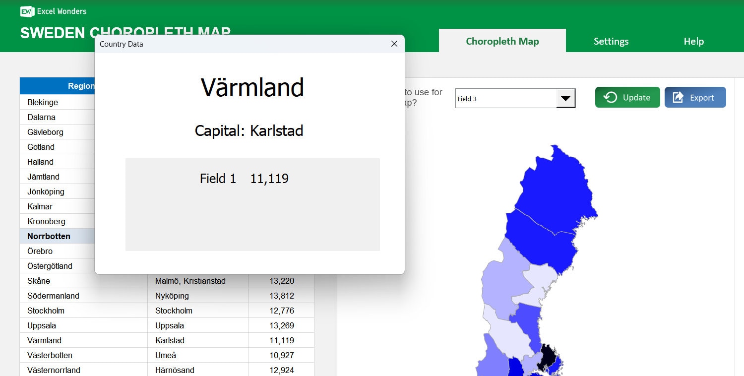 Sweden Choropleth Map Excel Template | Interactive Editable Color-coded ...