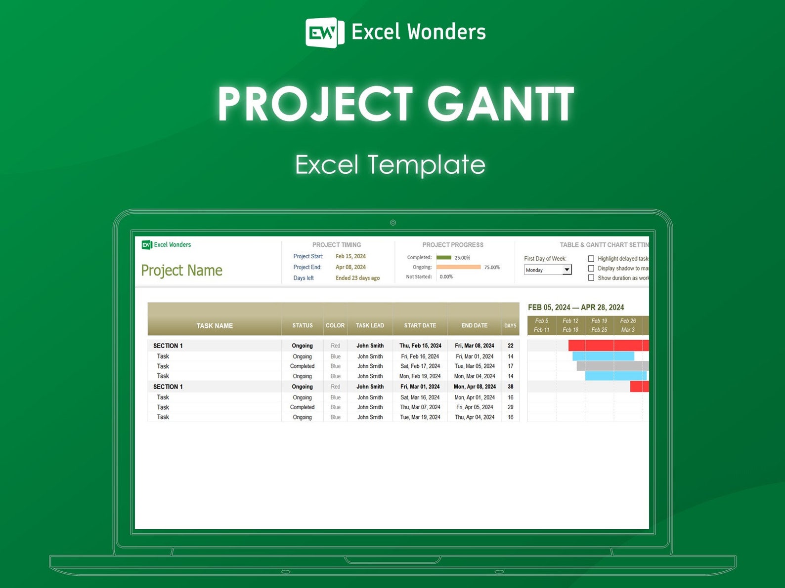 Gantt Chart Excel Template | Project Management Tool, Editable ...