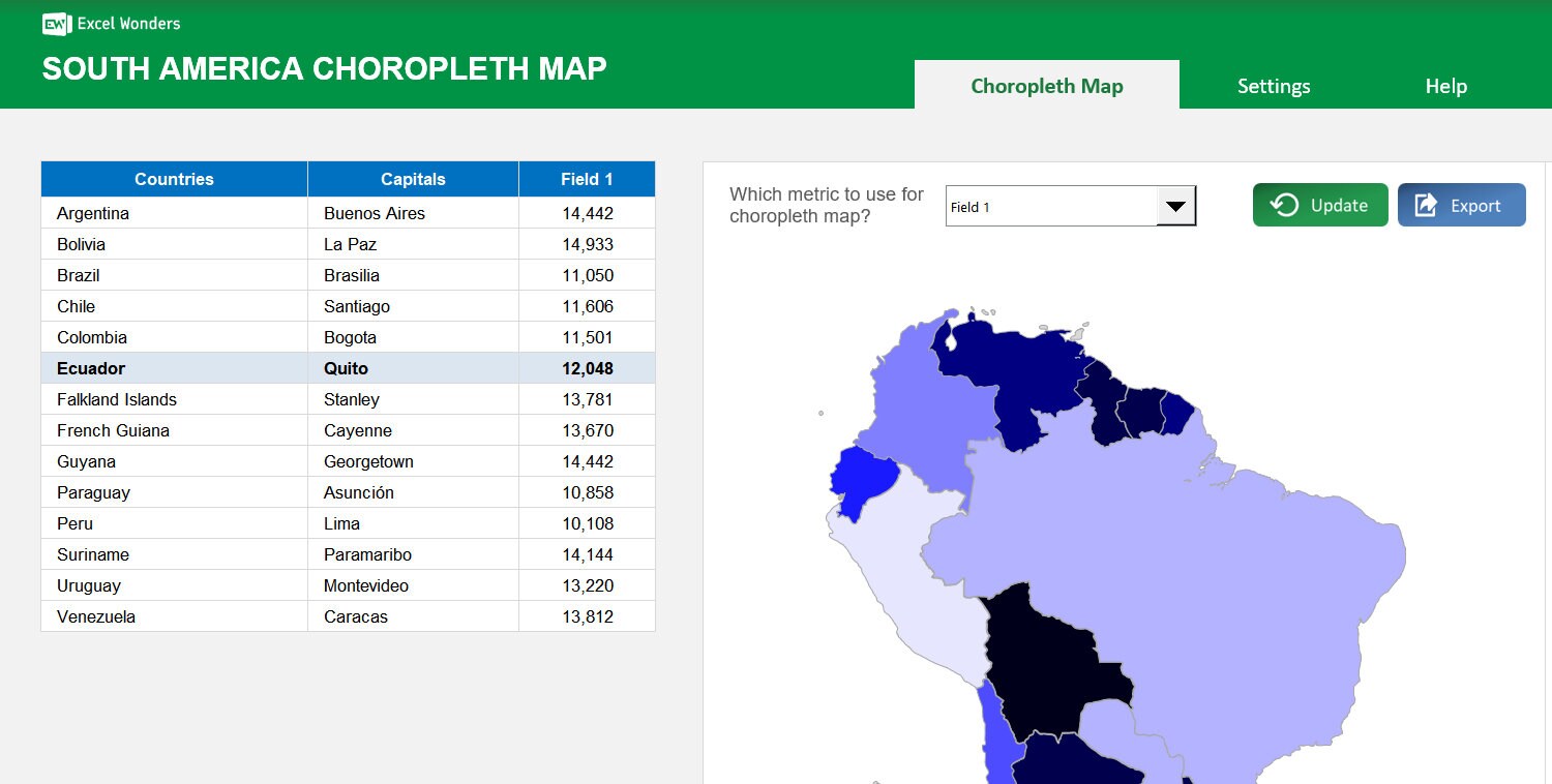 South America Choropleth Map Excel Template | Interactive Educational Maps for Data ...