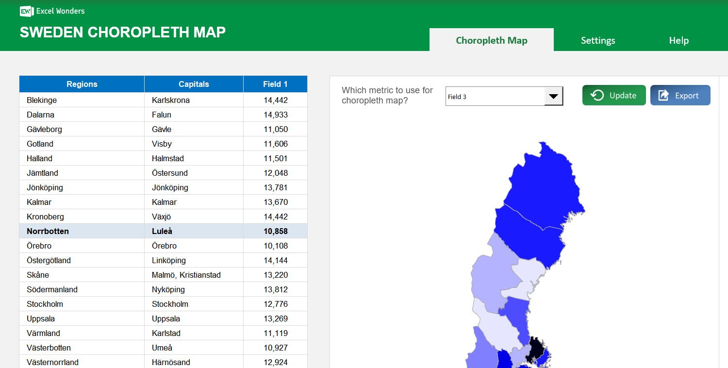 Sweden Choropleth Map Excel Template | Interactive Editable Color-coded ...