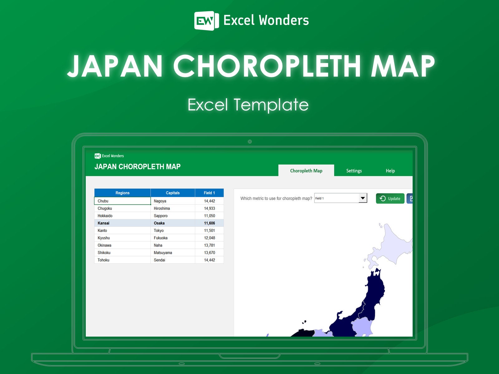 Japan Choropleth Map Excel Template | Interactive Color-coded Map of ...