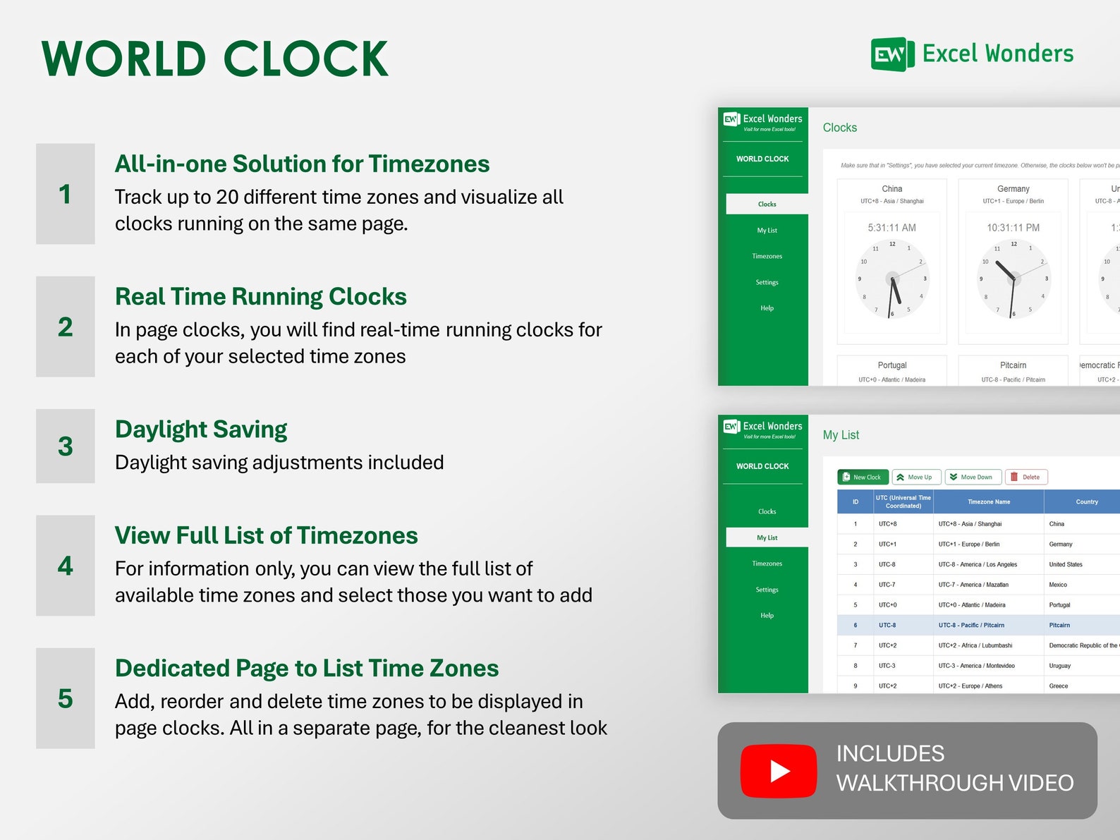 Excel World Clock Spreadsheet | Global Time Zone Planner for Travel ...