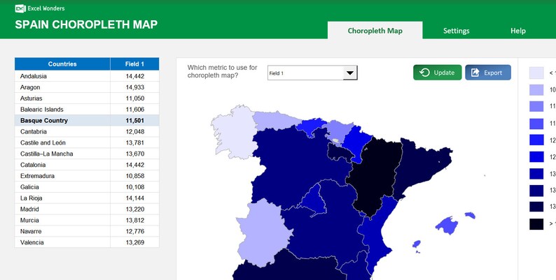 Spain Choropleth Map Excel Template | Interactive Editable Color-coded Map of Spain for ...