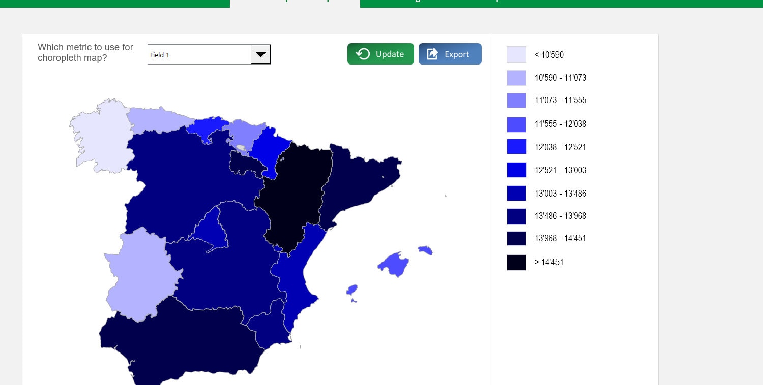 Spain Choropleth Map Excel Template | Interactive Editable Color-coded ...