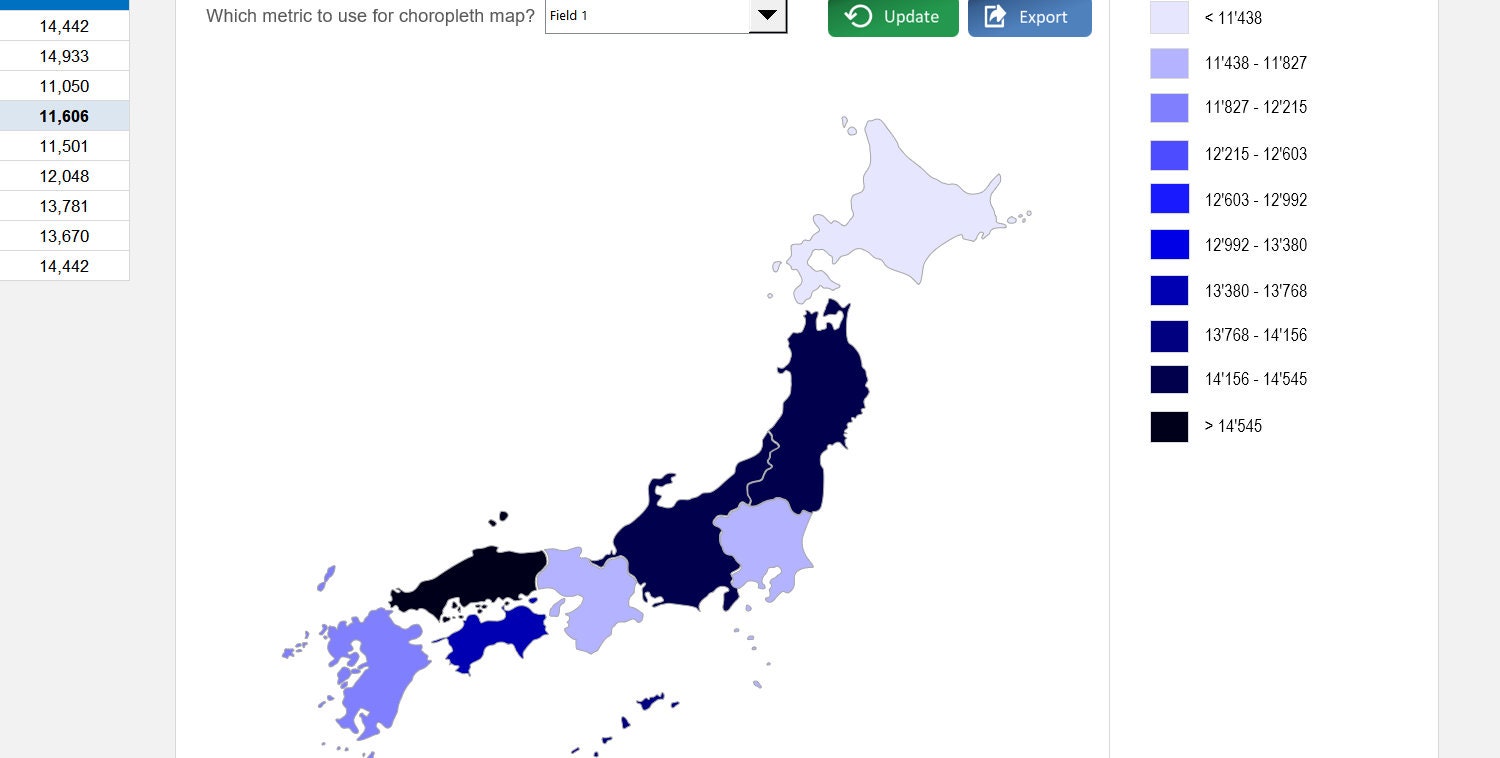 Japan Choropleth Map Excel Template | Interactive Color-coded Map of ...