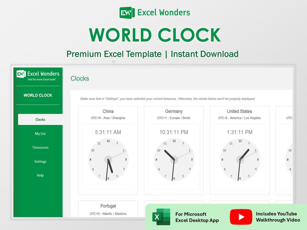 Excel World Clock Spreadsheet | Global Time Zone Planner for Travel ...