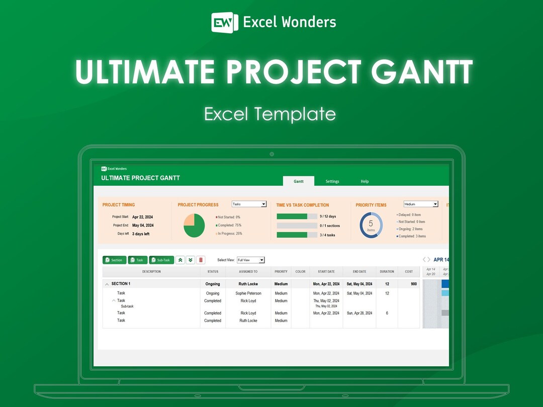 Ultimate Project Gantt Chart Excel Template | Planner, Timeline ...