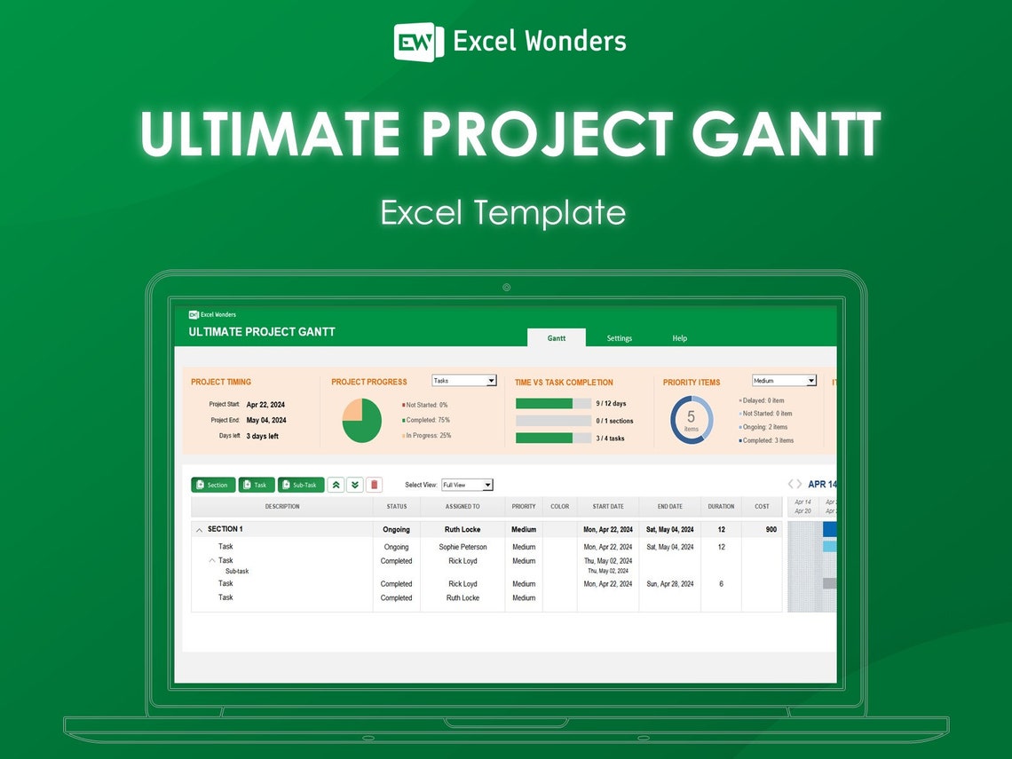 Ultimate Project Gantt Chart Excel Template | Planner, Timeline ...