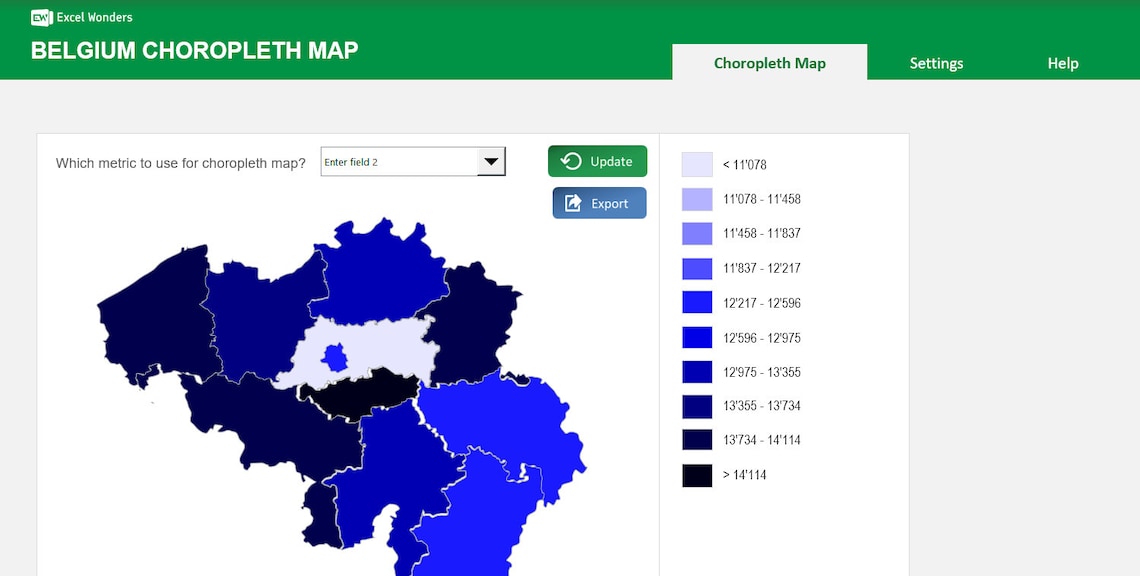 Belgium Choropleth Map Excel Template | Excel Wonders | Detailed Data ...