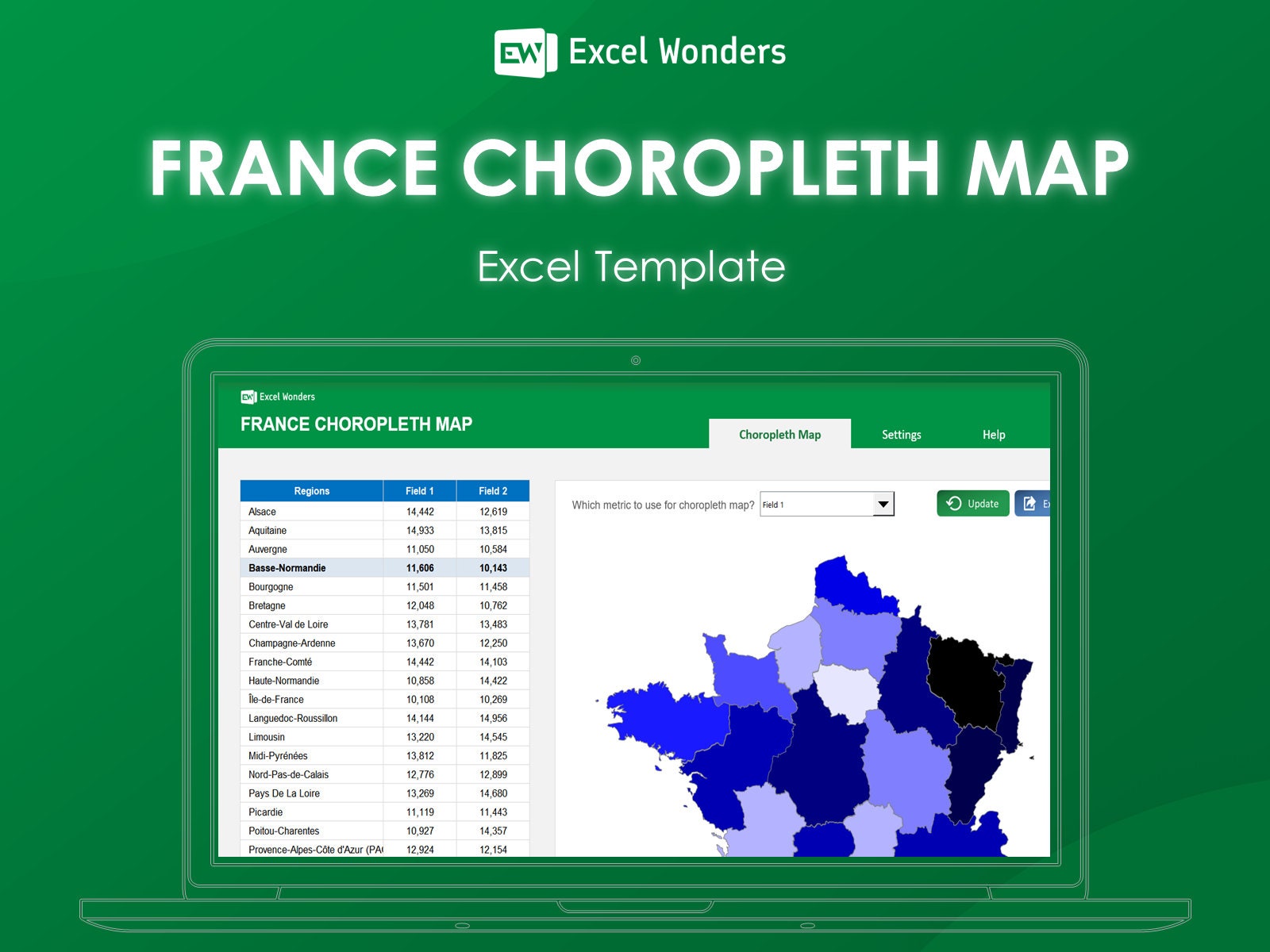 France Choropleth Map Excel Template | Data Visualization Tool for Map ...