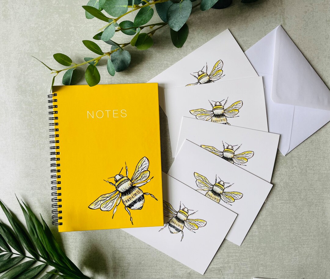 Bumble Bee Stationery Set With Hand Drawn Matching Neutral Bee Cards and Hardback Yellow Bee ...
