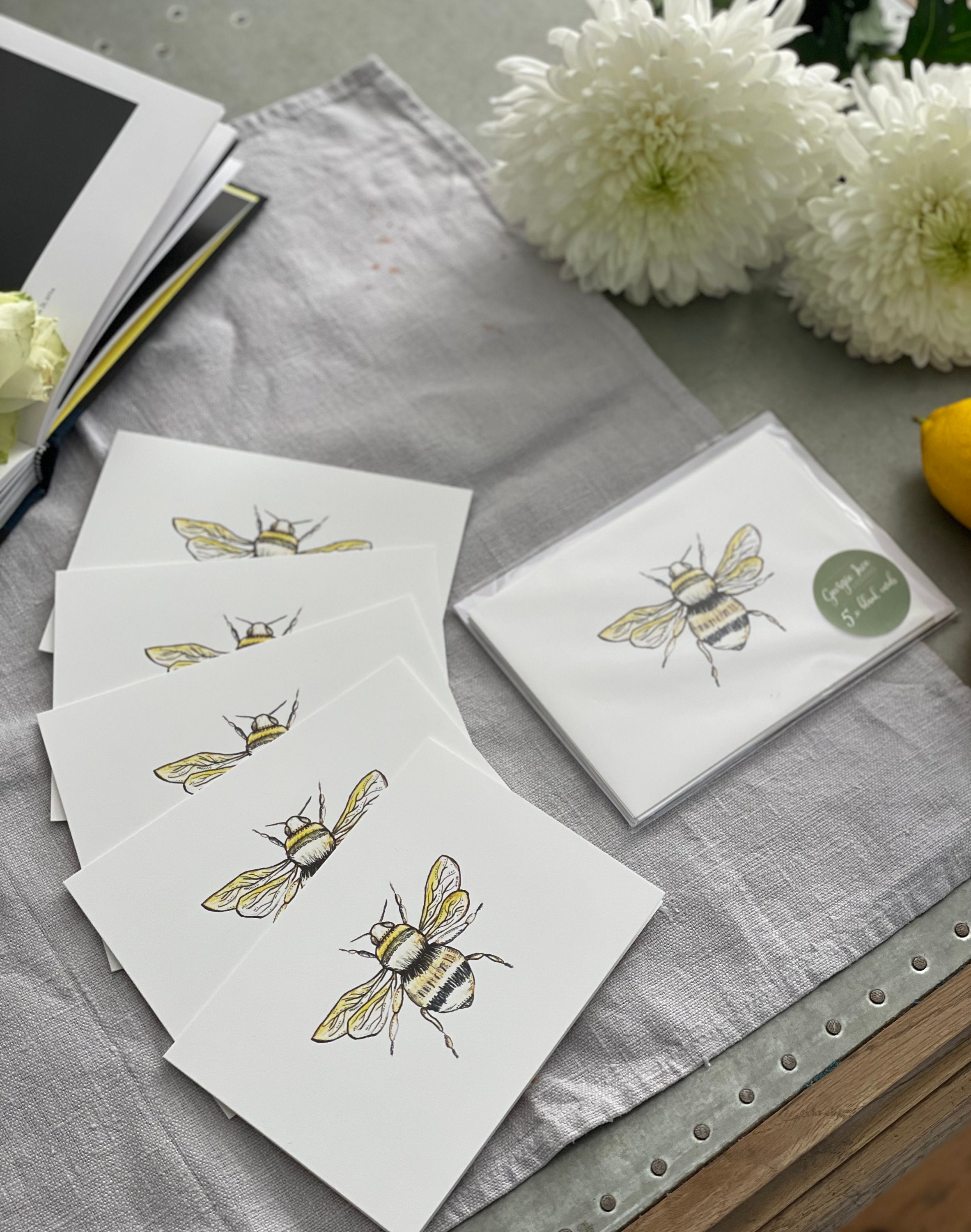 Set of 5 Bee Cards for All Occasions Made in the UK, Premium Hand Drawn ...