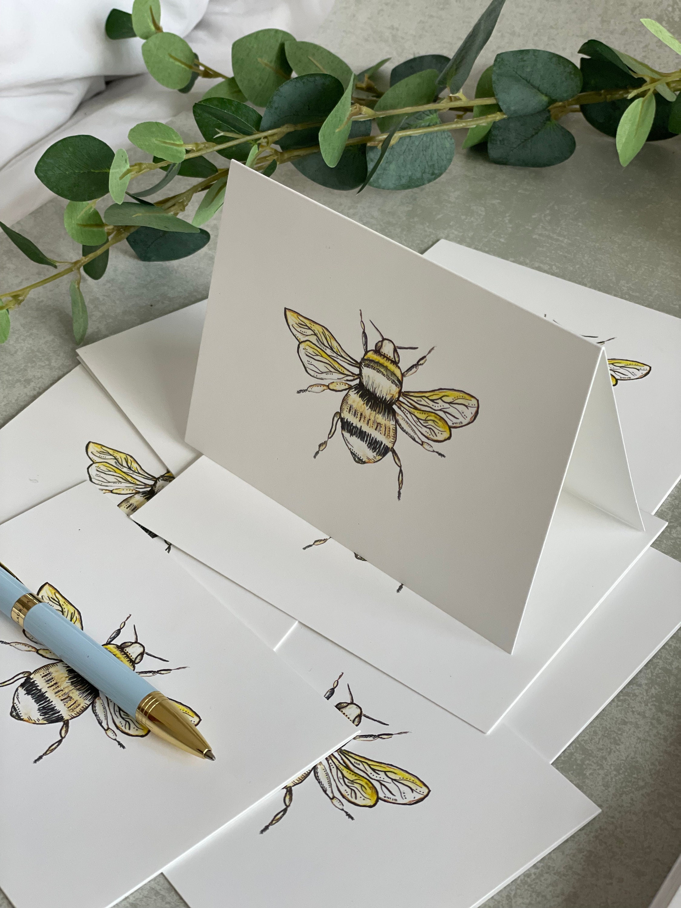 Set of 5 Bee Cards for All Occasions Made in the UK, Premium Hand Drawn ...