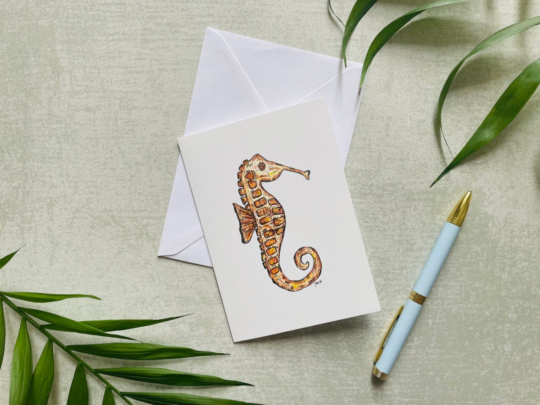 Single Seahorse Card, White Seahorse Card, Premium Seahorse Stationery ...