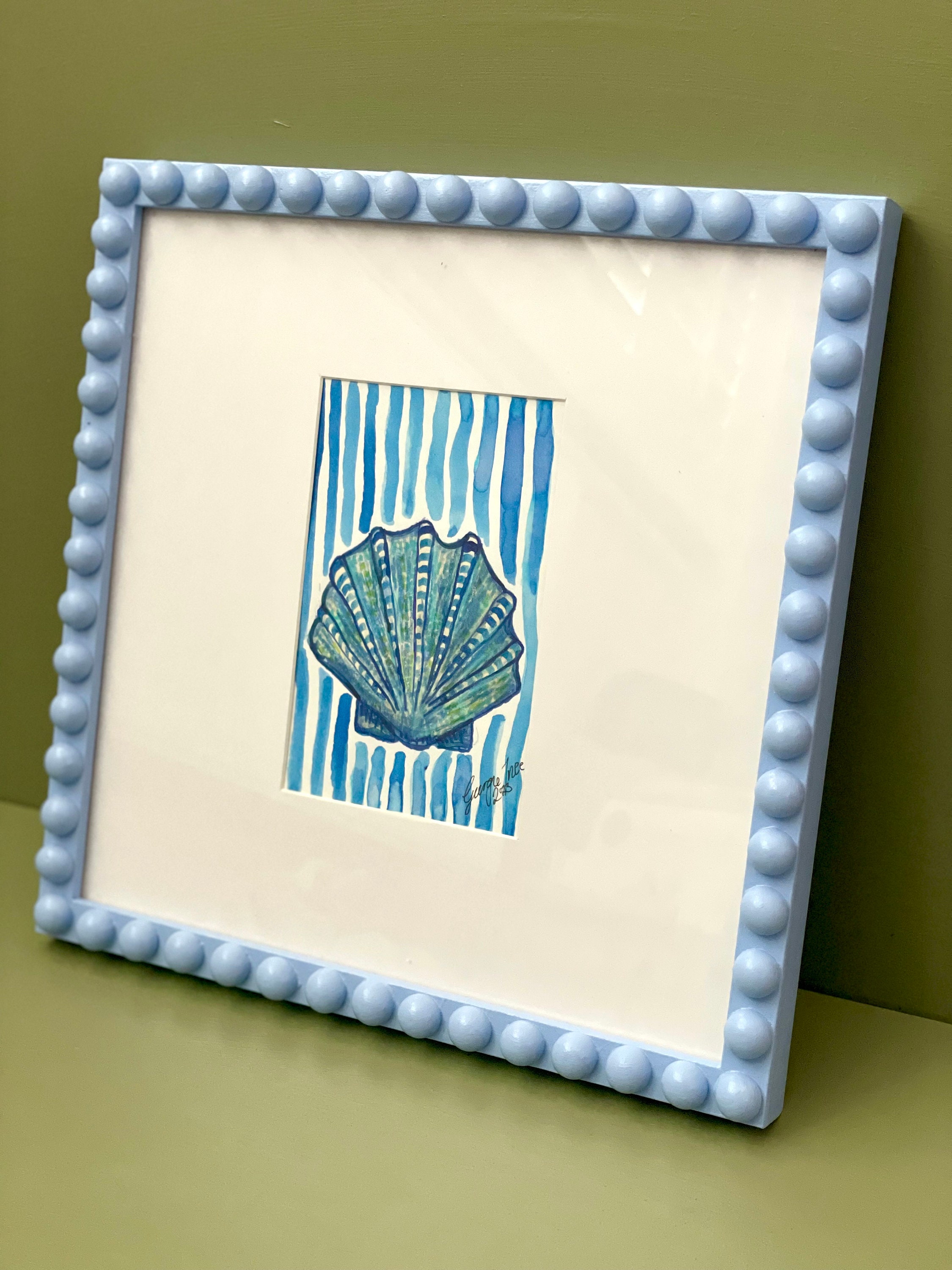 Blue Sea Shell Art in Blue Bobbin Frame Art, Light Blue Bobbin Frame ...