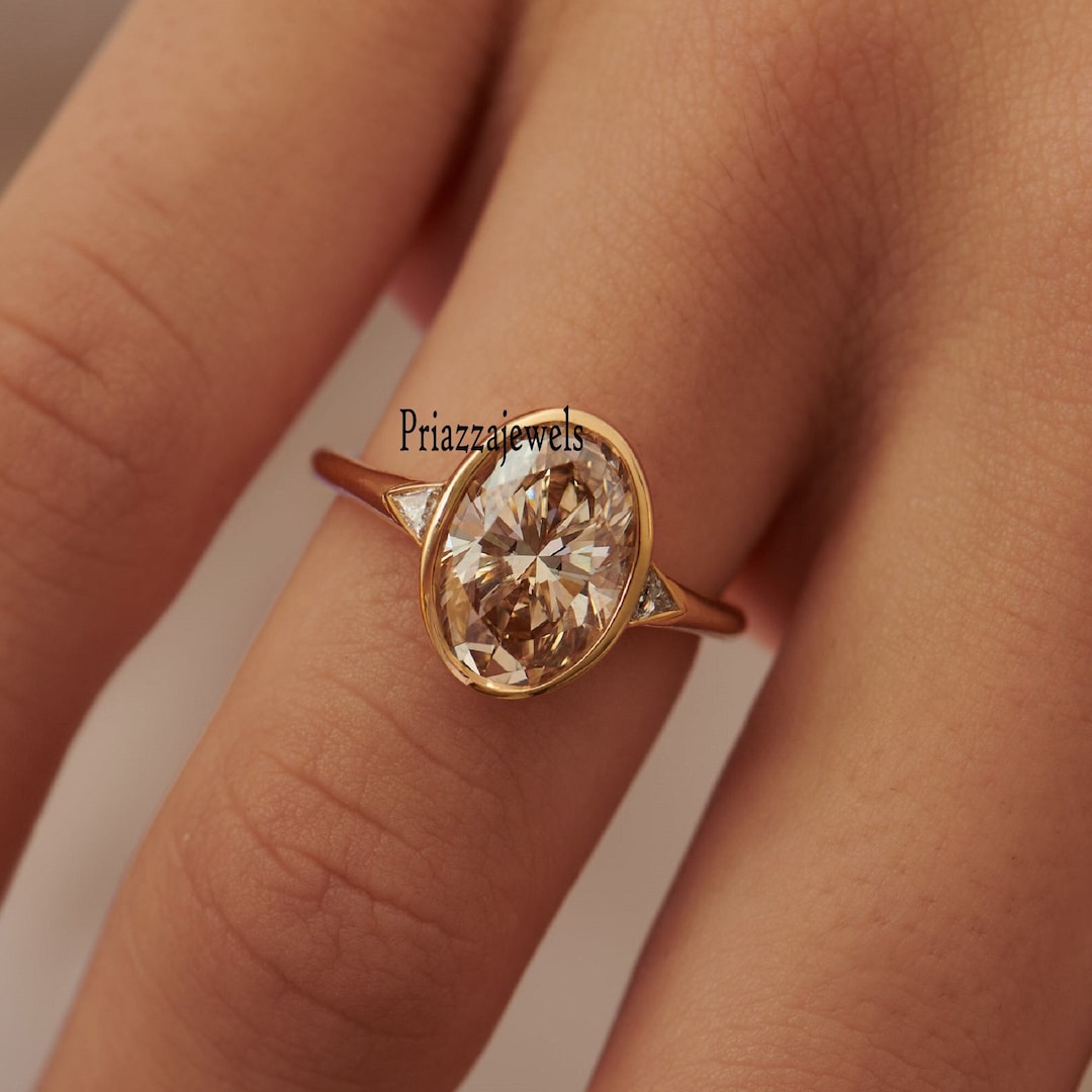 Champagne Oval Cut Diamond Ring, 2.80ct Oval Moissanite Engagement Ring, Champagne Oval Cut Ring ...