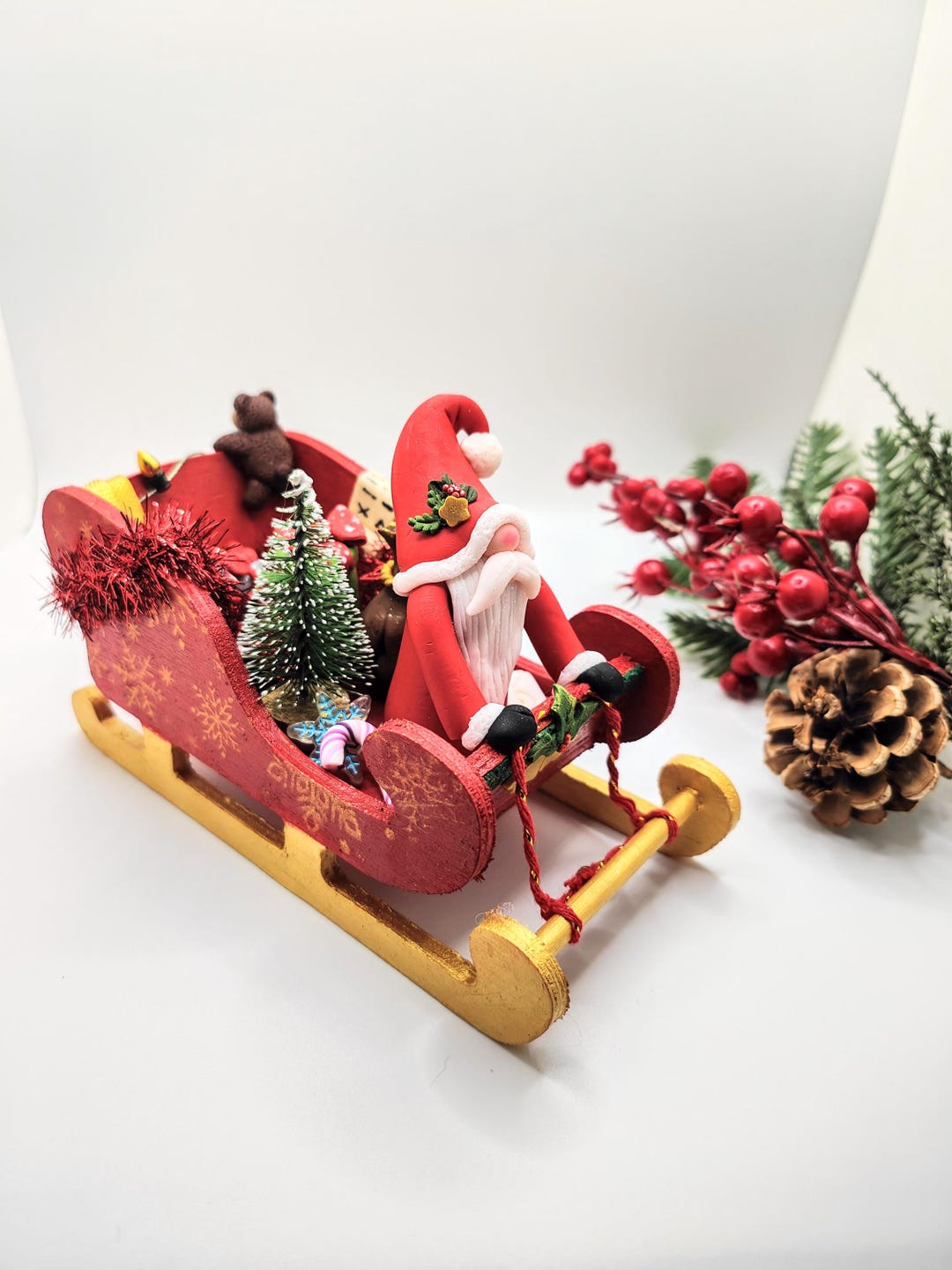 Christmas Gonk, Gnome, Christmas Sleigh Ornament, Wooden Sleigh ...