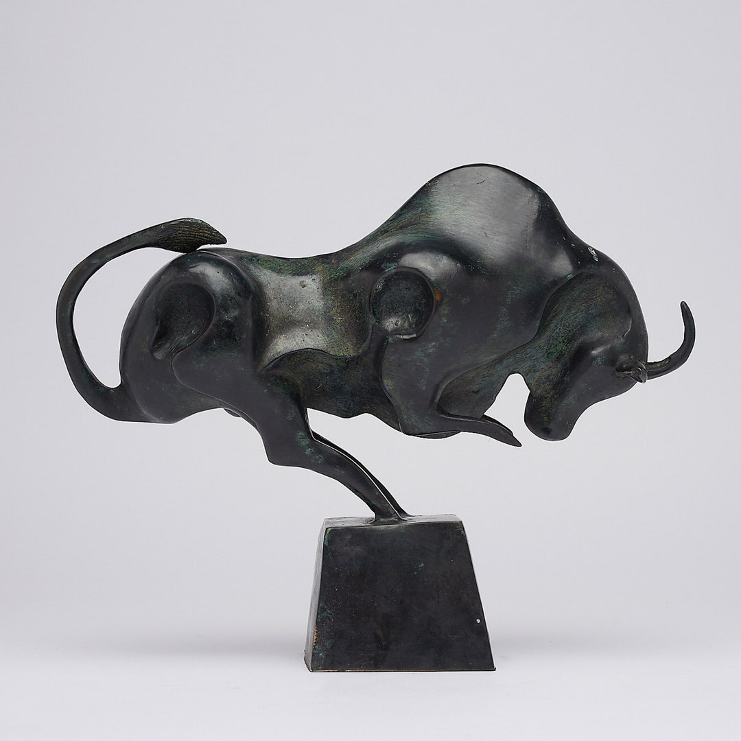 Bronze Sculpture of a Striking Bull Blue Patinated Cubist - Etsy