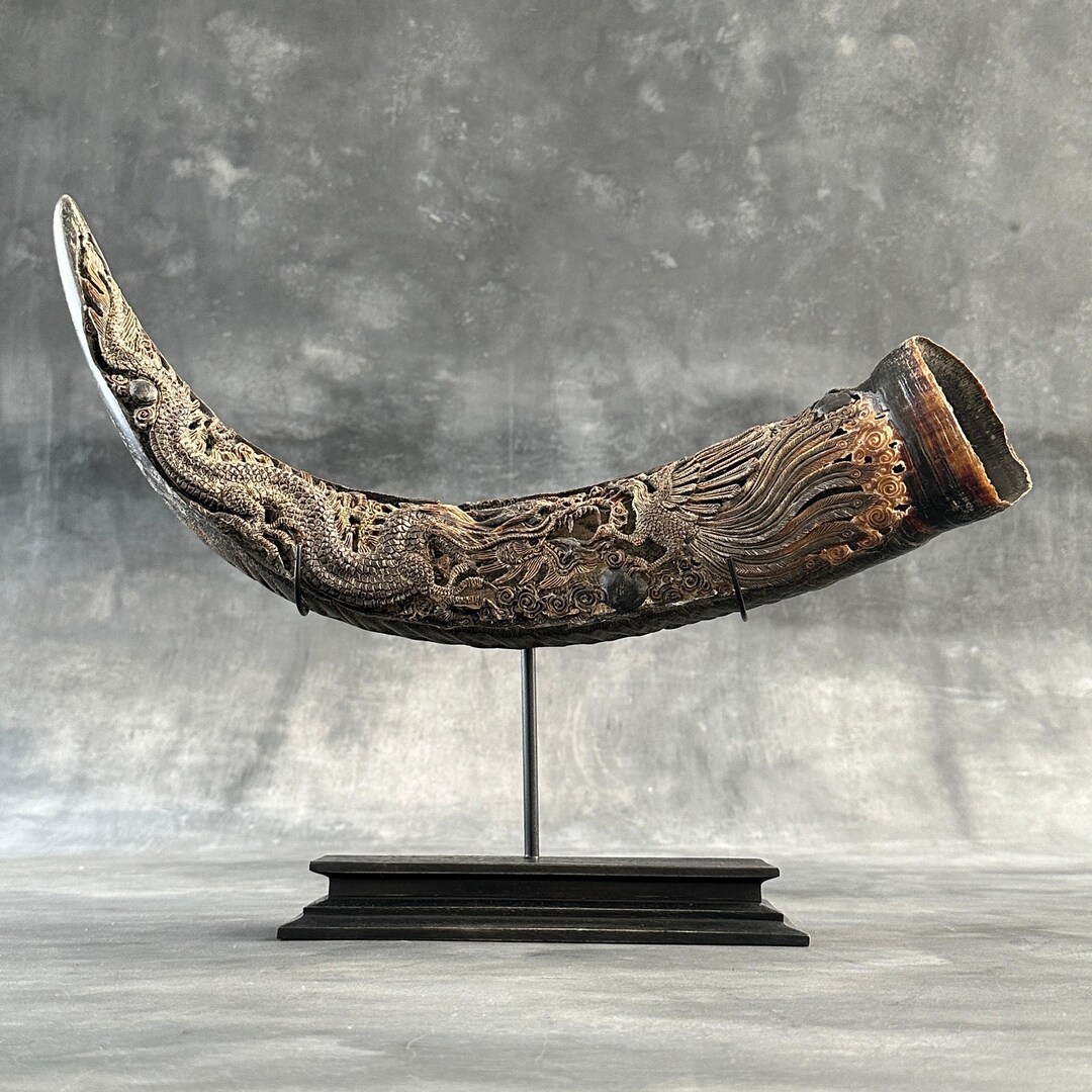 Carved Buffalo Horn With Dragon & Phoenix Carved | Handmade Tribal ...