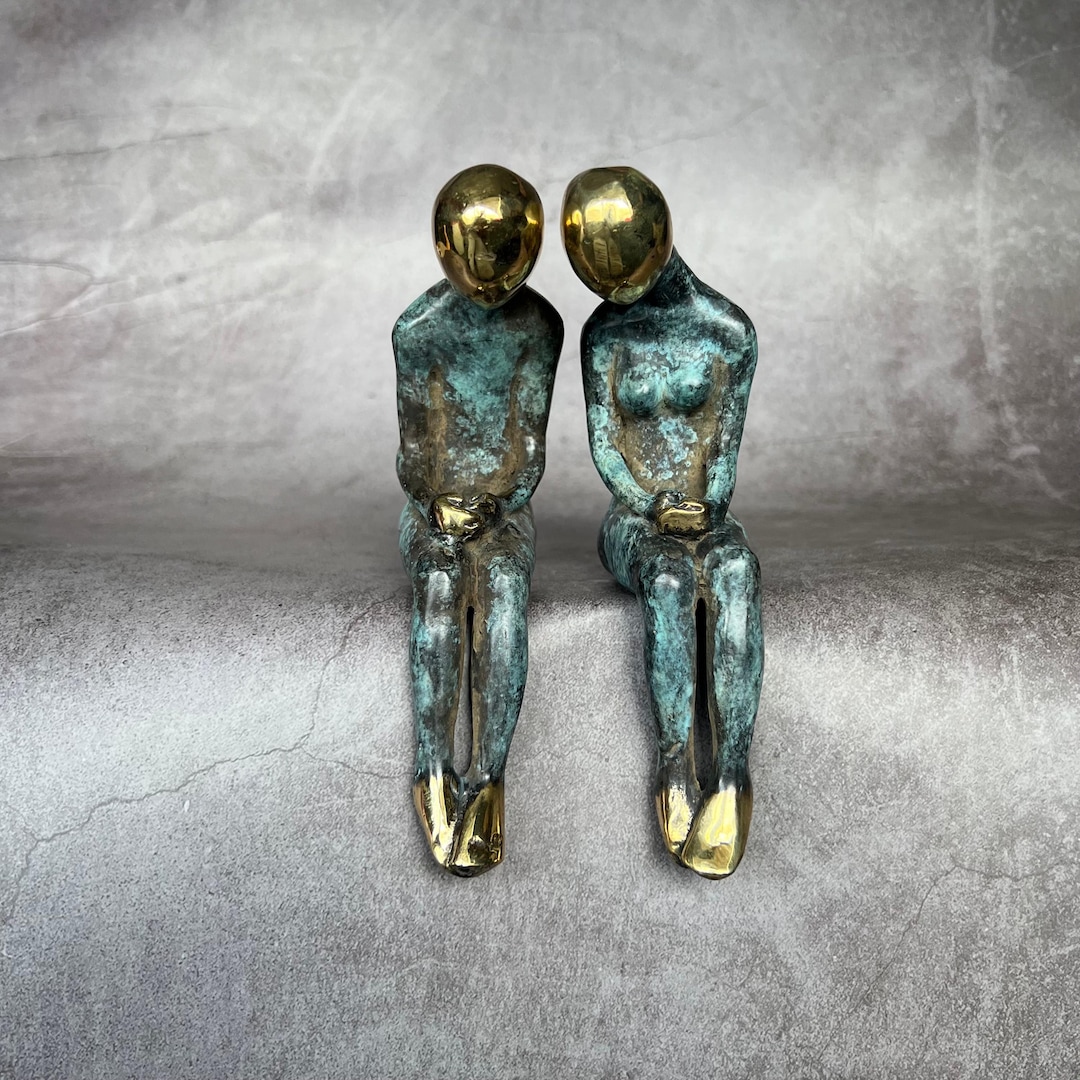 Sitting Couple Bronze Sculpture – Romantic Art, Patinated Blue With ...