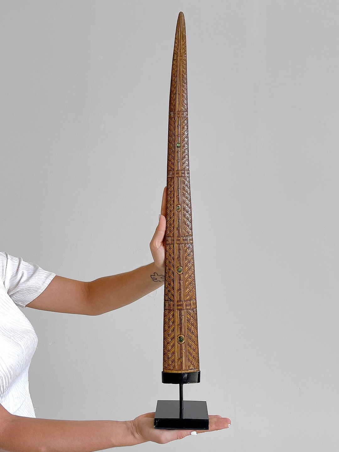 Carved Swordfish Tusk on Stand – Māori Rauponga Motif, Unique Tribal ...