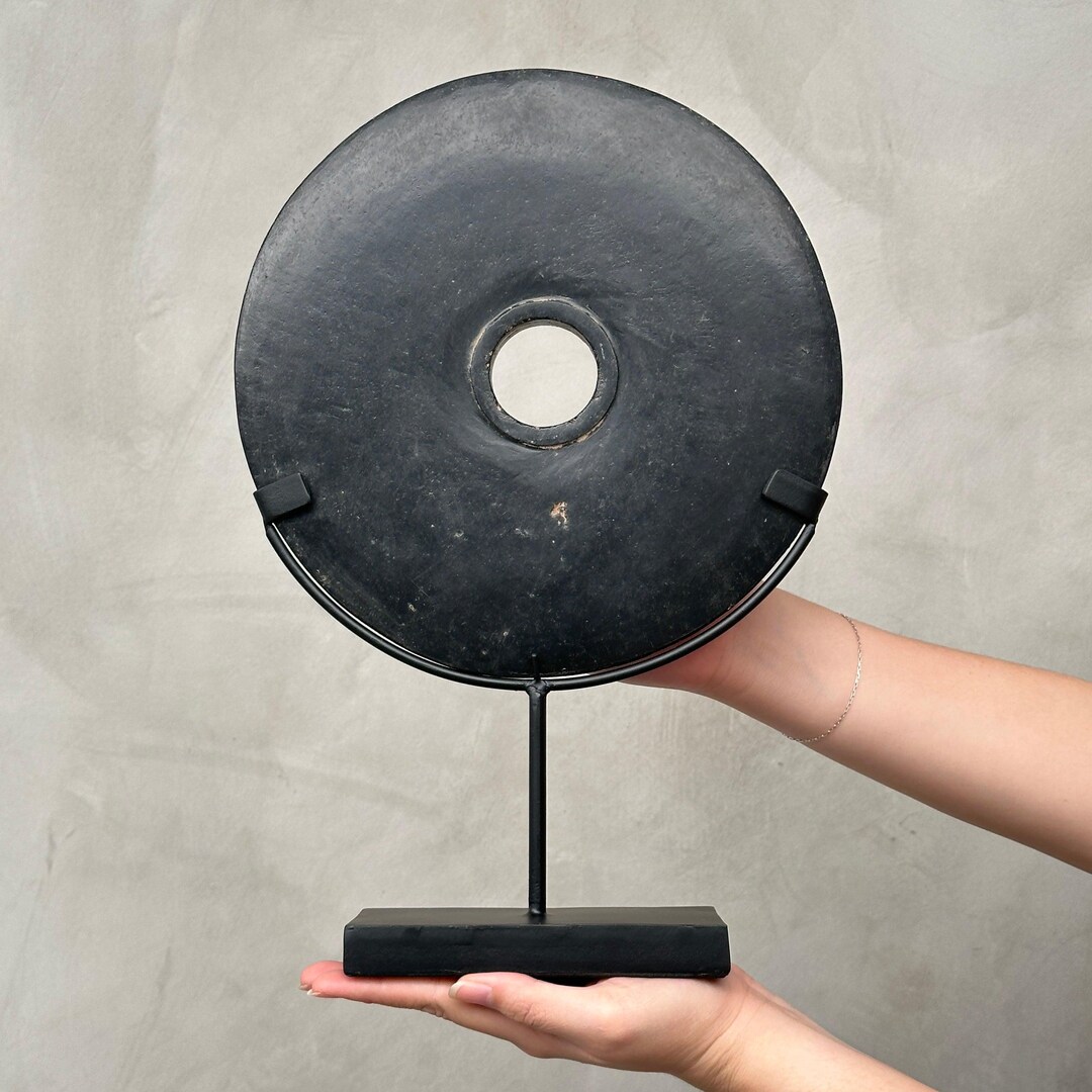 Black Lava Stone Disc on a Stand – Hand-carved Volcanic Rock Sculpture ...