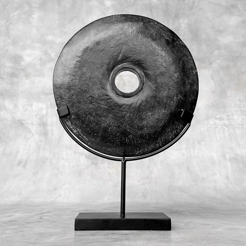 Black Lava Stone Disc on a Stand: Hand-carved Volcanic Rock Sculpture ...