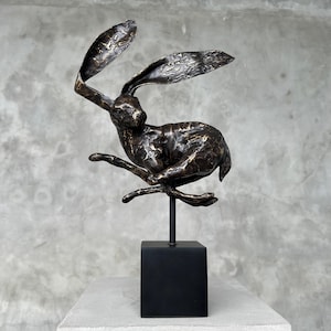 Speckled Bronze Rabbit Sculpture | Hare Statue on Stand | Handmade ...