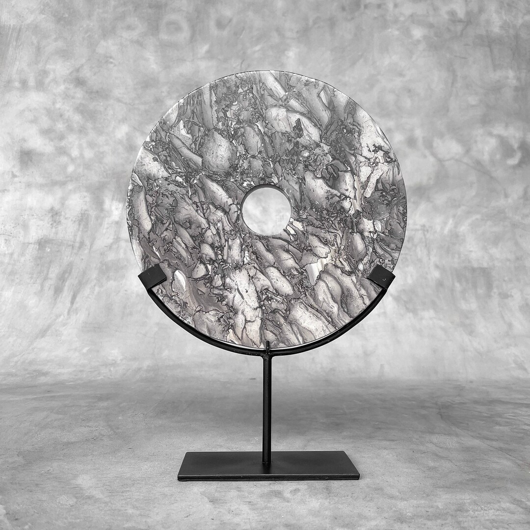 Grey Marble Disc on Stand Polished Natural Stone Sculpture Modern Home ...