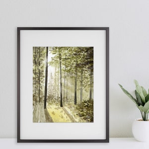 Forest Art Print | Sun Rays Through the Trees | Watercolor Painting - Etsy