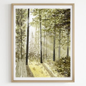 Forest Art Print | Sun Rays Through the Trees | Watercolor Painting - Etsy