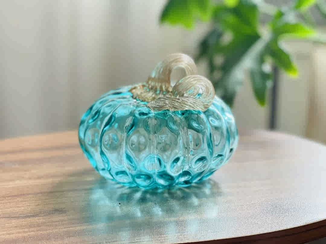 Hand Blown Light Blue Glass Pumpkin Fall Halloween Decor Christmas ...