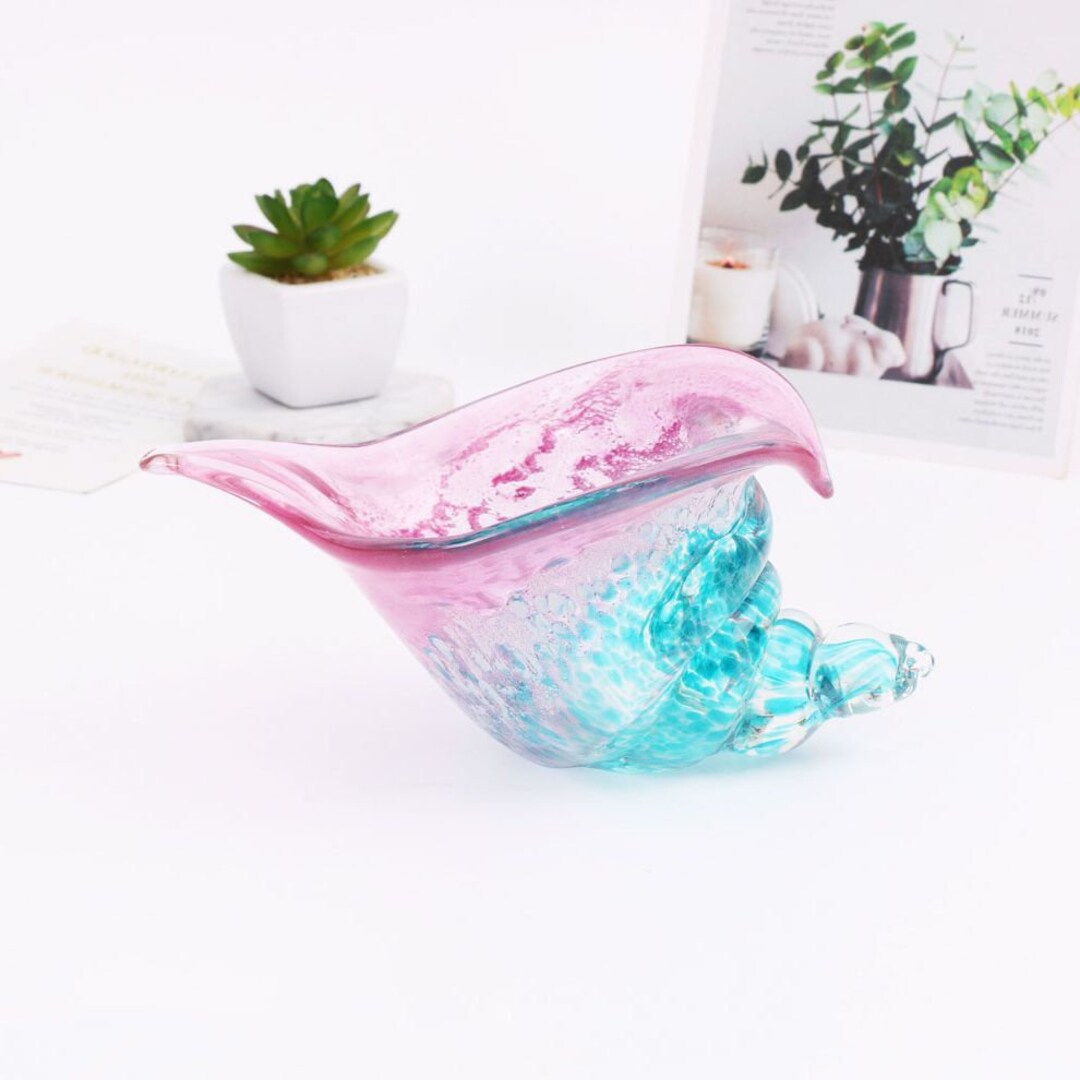 Handmade Blown Pink Blue Pastel Color Conch Shell Art Glass Sculptures ...