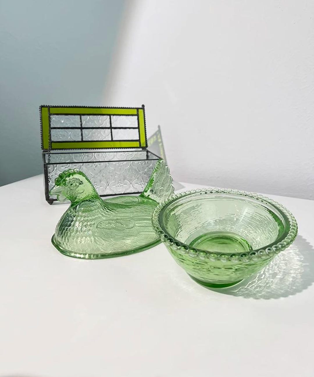 Emerald Colored Glass, Hens Candy Dish, Covered Dish, Jewelry Box ...