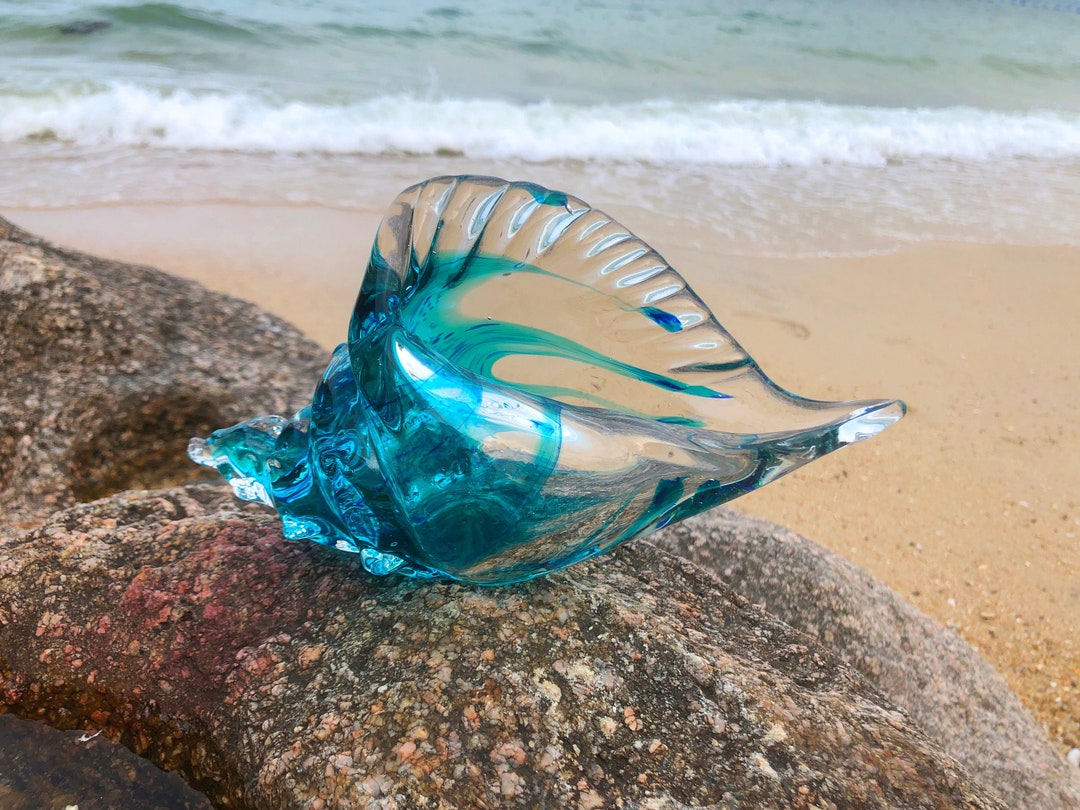 Blue Transparent Conch Shell Art Glass Sculptures Home Decor Ocean ...