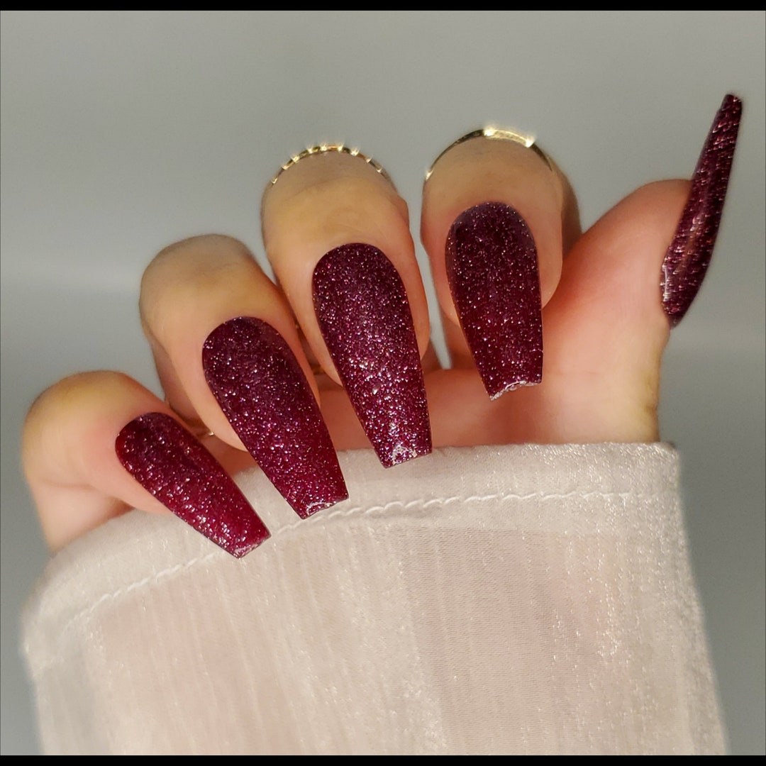 Cranberry Red Diamond Glitter Glossy Press on Nail Set in Almond ...