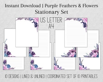 Writing Paper 8.5x11 Memo Sheet A4 Lined Unlined Note Boho Feathers ...