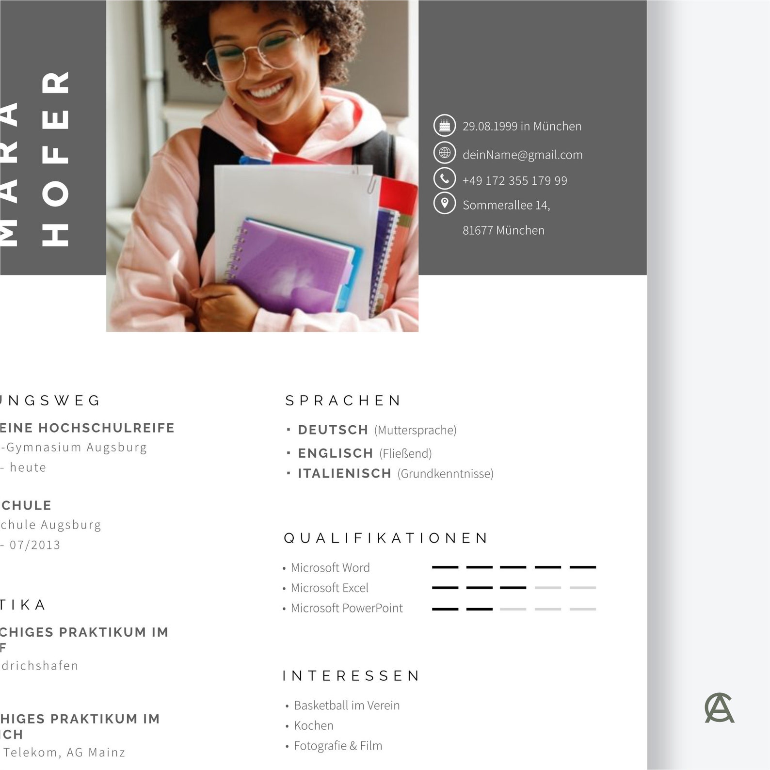 Student Application Template German, With Tabular CV, Cover Letter ...