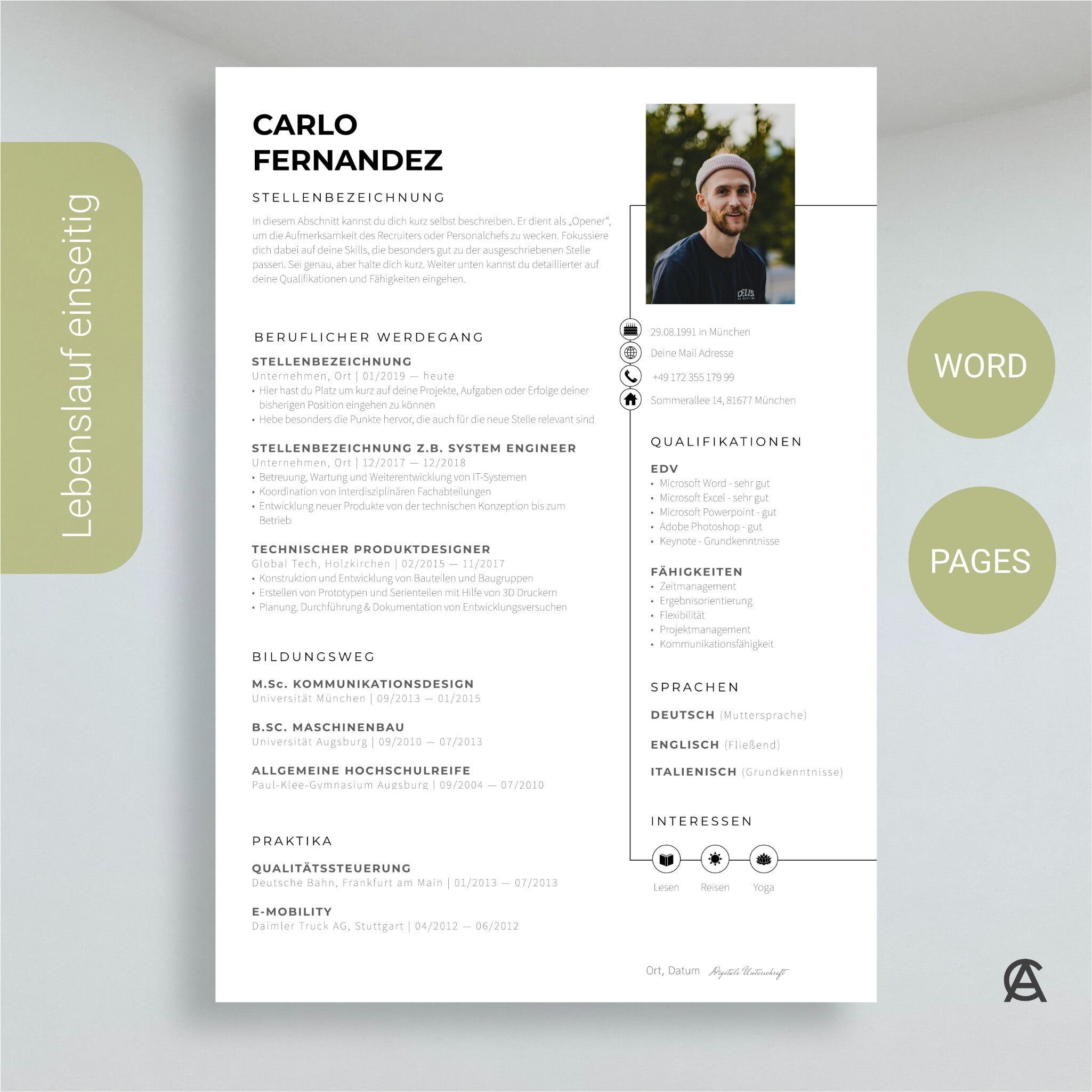Creative Application Template in German With Tabular CV, Application ...