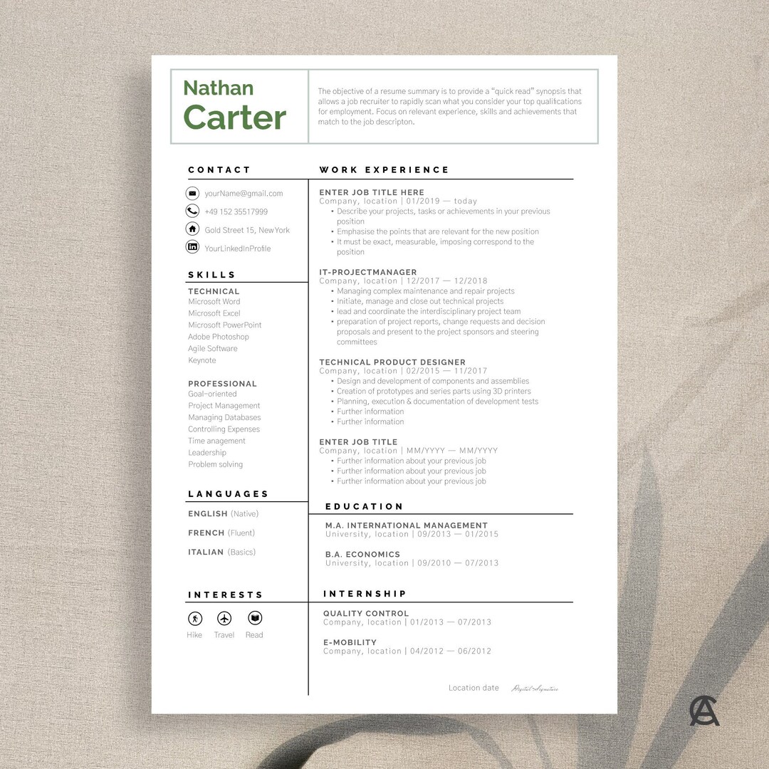 Professional Resume Template English, With 1 and 2 Page CV, Cover ...