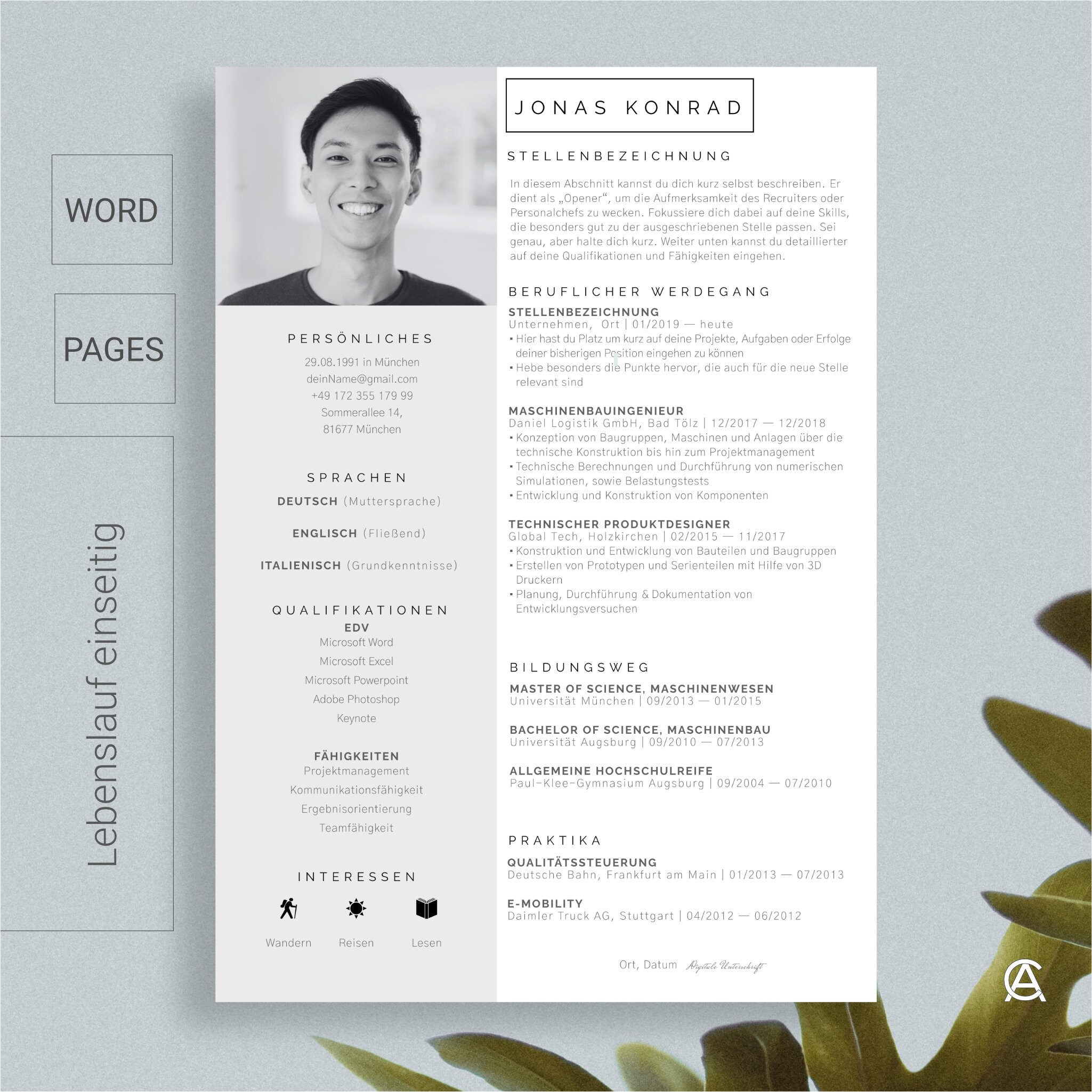 Creative Application Template in German With Tabular CV, Letter of ...