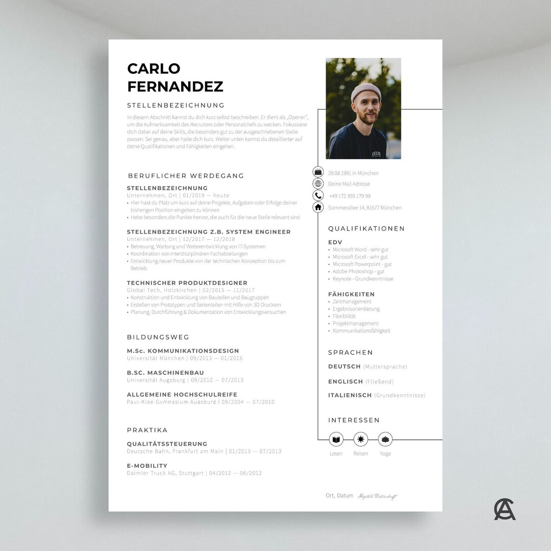 Creative Application Template in German With Tabular CV, Application ...