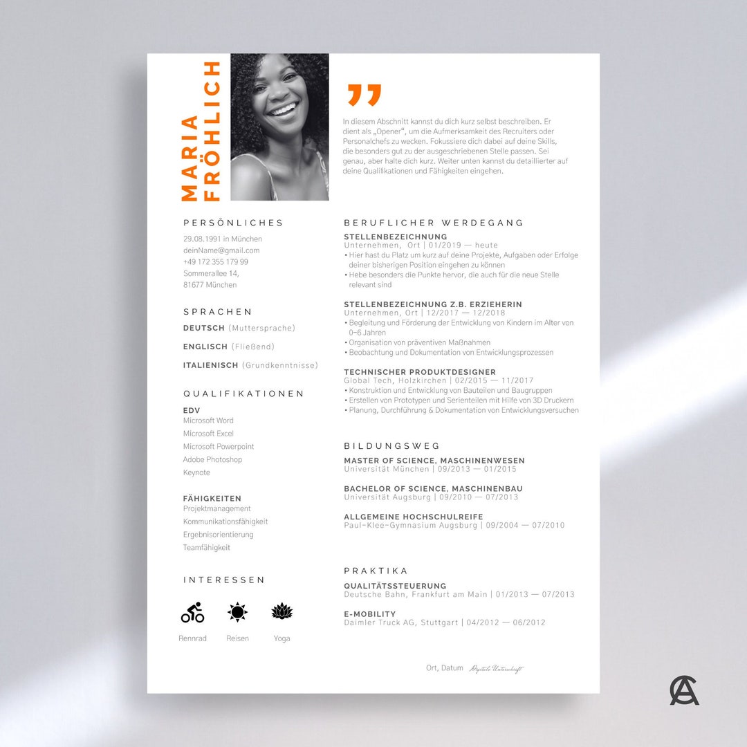 Creative Application Template in German With Tabular CV, Letter of ...