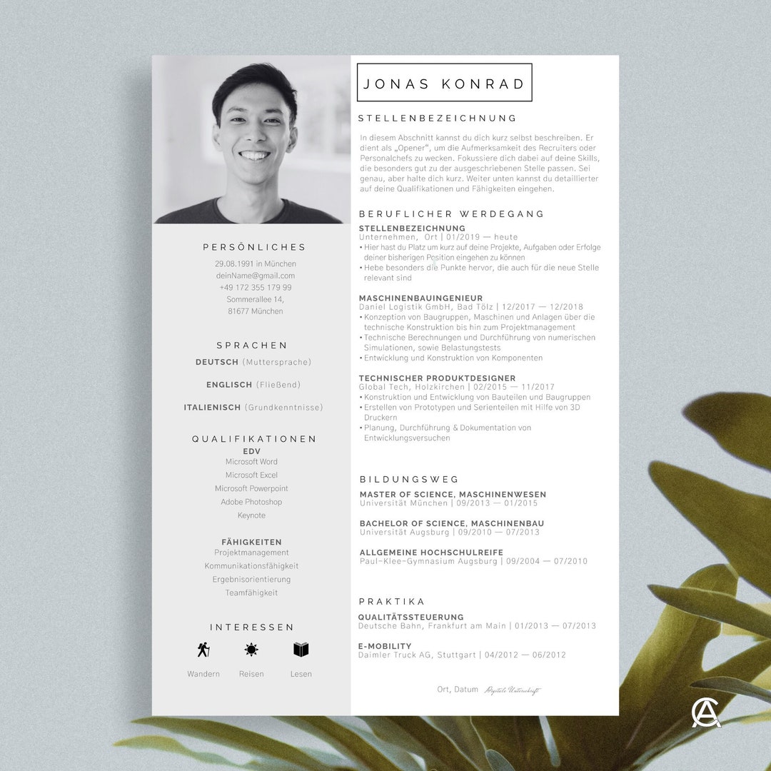 Creative Application Template in German With Tabular CV, Letter of ...