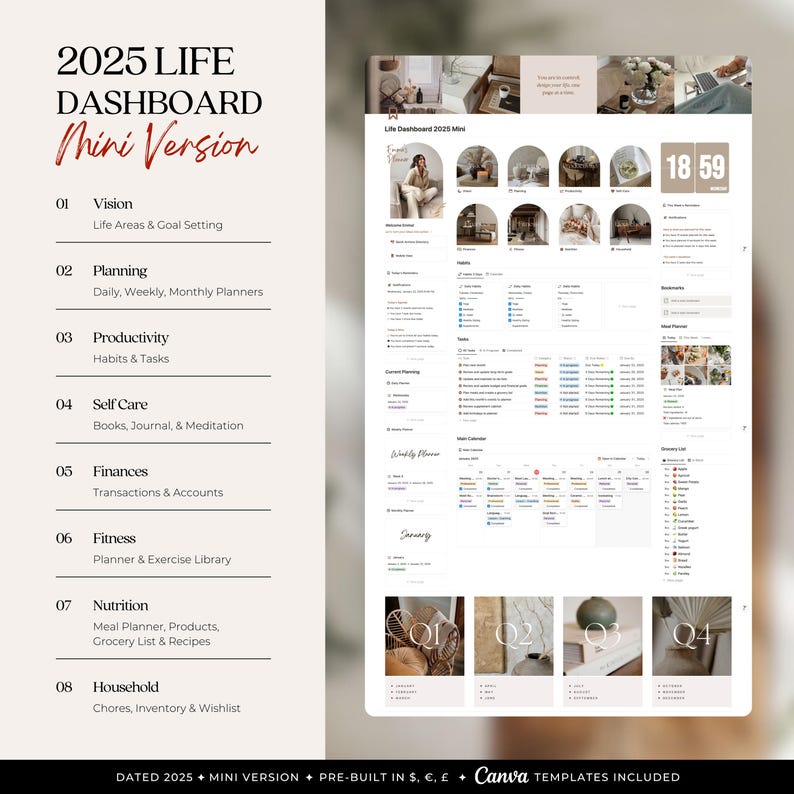 Life Dashboard 2025 Mini Notion Template Vision, Goals, Planning ...