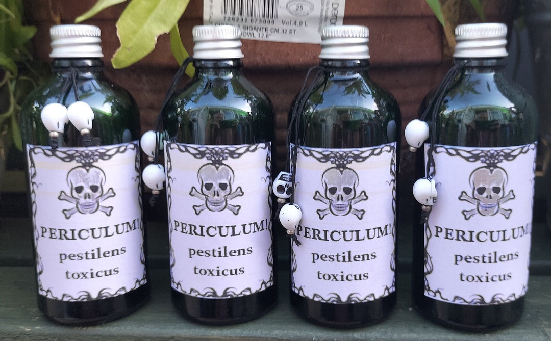 Four 'poison' Bottles in Dark Green Glass With Latin Warning Labels. - Etsy