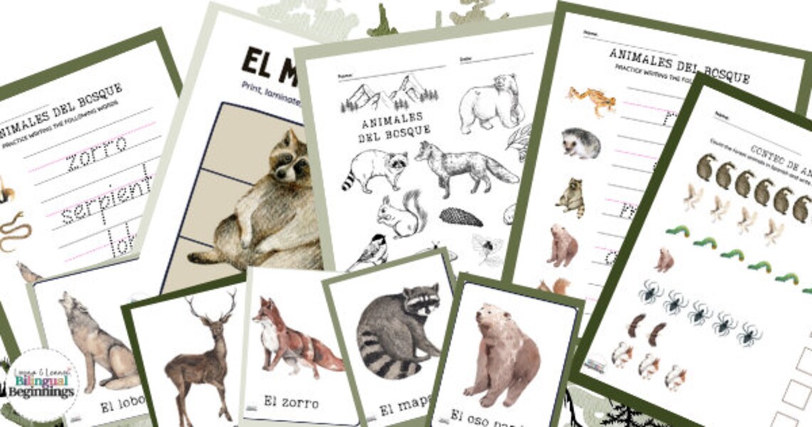 Forest Animals Printable Worksheets and Flash Cards in Spanish - Etsy