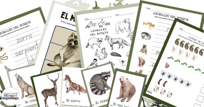 Forest Animals Printable Worksheets and Flash Cards in Spanish - Etsy